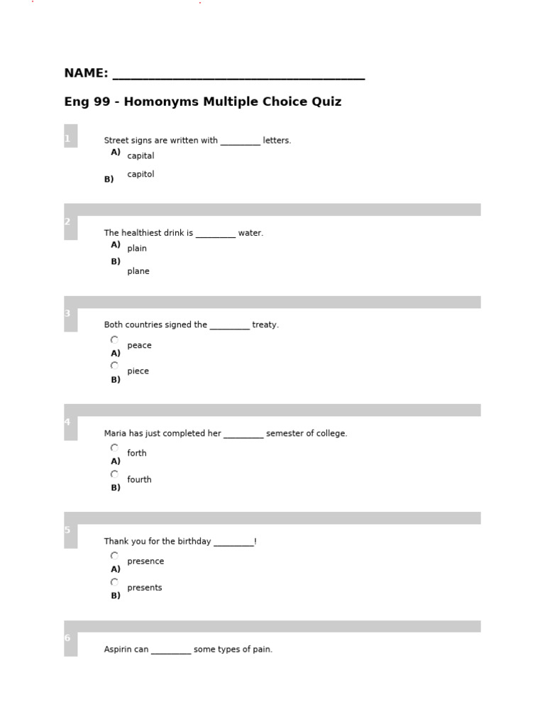 Homonyms Quiz for English Learners | PDF