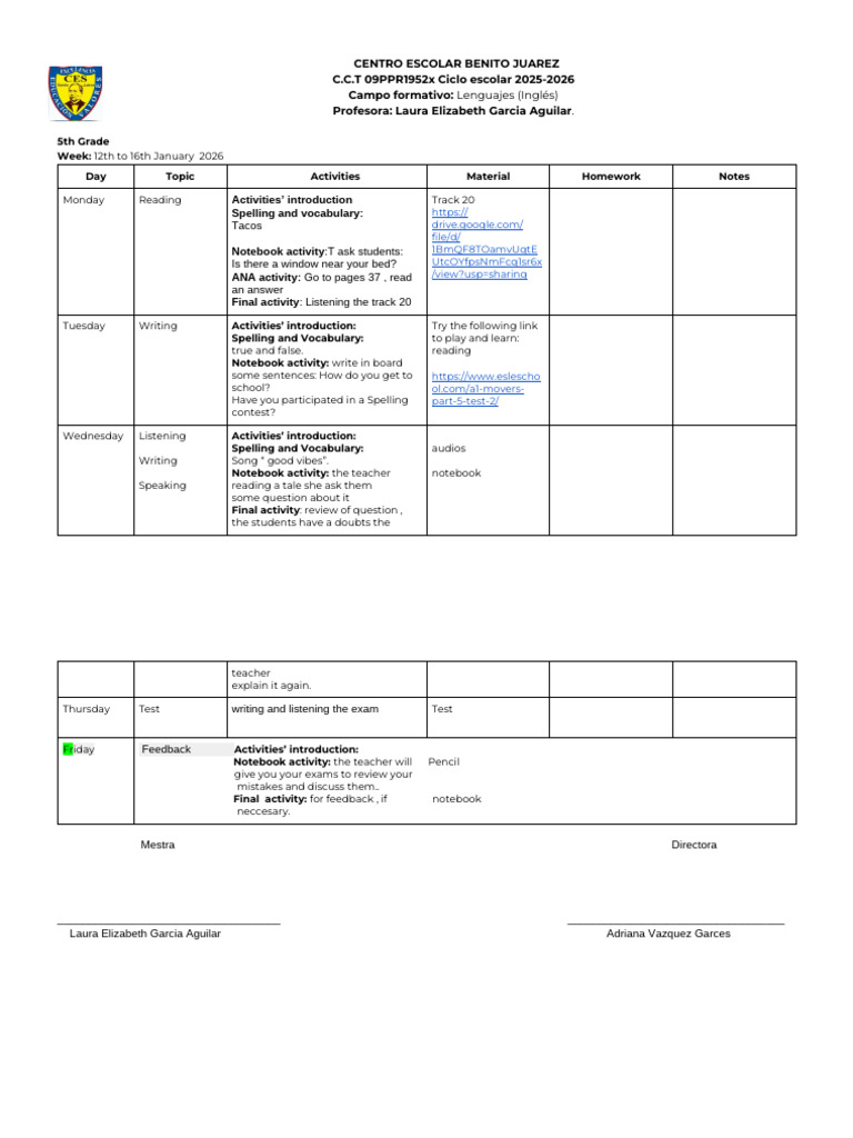5th Grade English Lesson Plan: Jan 2026 | PDF | Linguistics | Human ...