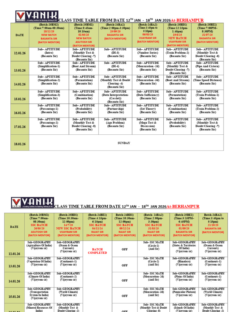 Berhampur Time Table 12th Jan - 18th Jan 2026 | PDF | Geography | Earth ...