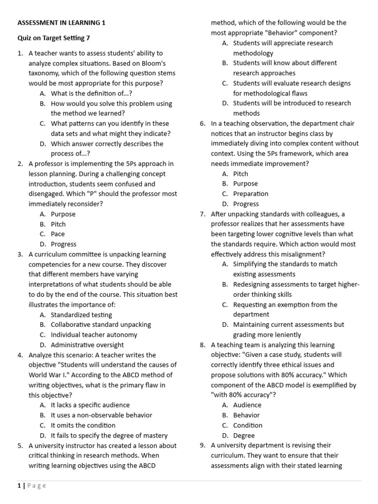 Assessment in Learning 1_Quiz-Target Setting7 | PDF | Educational Assessment | Learning