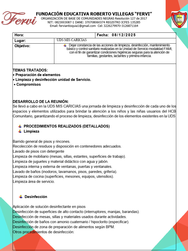 Acta de Limpieza y Desinfeccion - Uds Mis Caricias | PDF | Limpieza | Agua