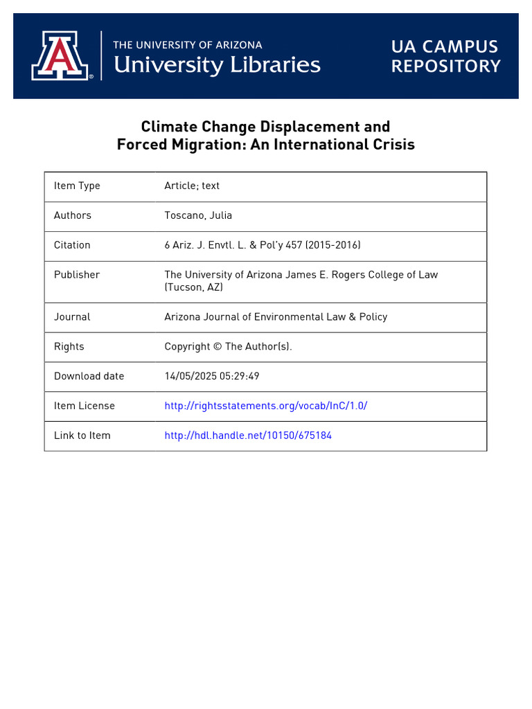 Climate Change Displacement and Force Migration, An International ...