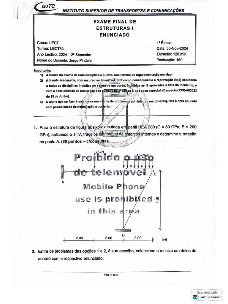 Exame Final de Estruturas I | PDF