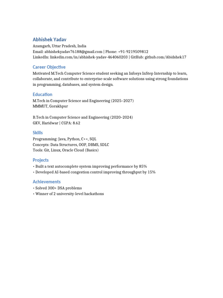 Infosys InStep HR Resume | PDF