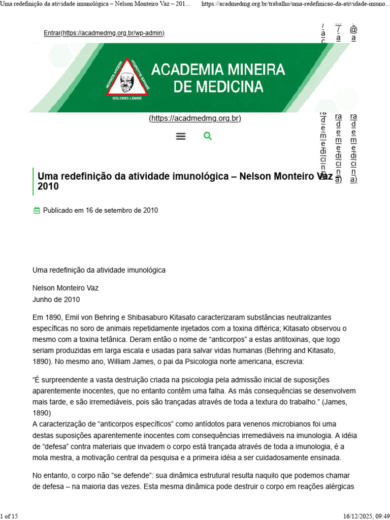 Uma Redefinição Da Atividade Imunológica – Nelson Monteiro Vaz – 2010 ...