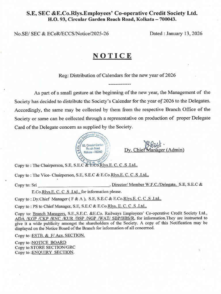 Notice for Calendar Distribution to Delegates Dated 13.01.2026 | PDF