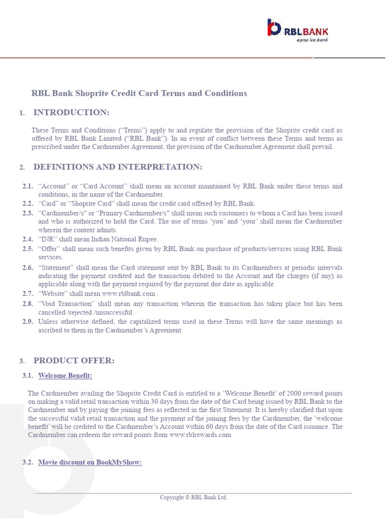 RBL Bank Shoprite Credit Card Terms | PDF | Credit Card | Banks