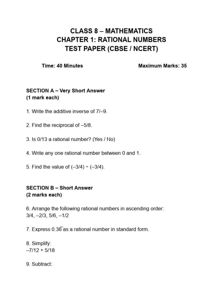 Chapter 1 - Rational Numbers-Test Paper (Cbse - Ncert) | PDF