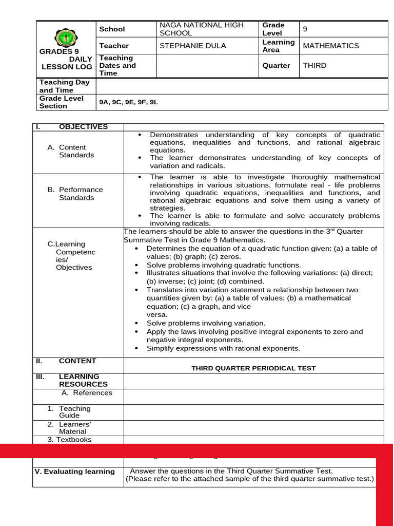 DLP M9 Third Quarter Periodical Exam | PDF | Equations | Quadratic Equation