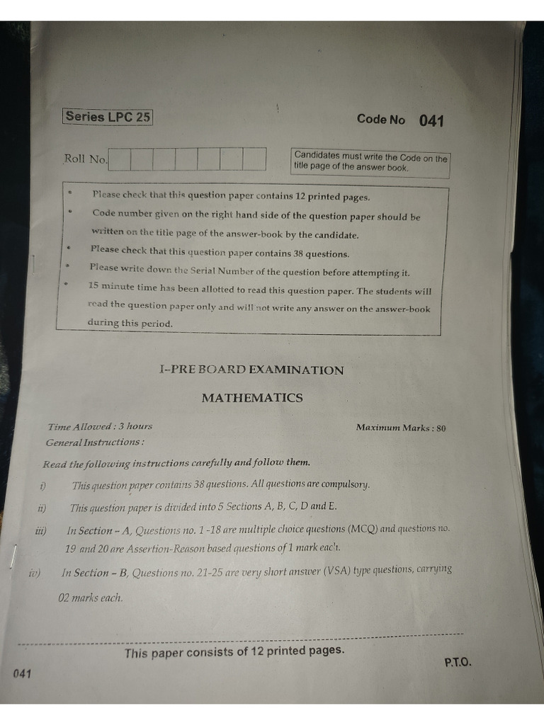 Math Pre-board 1 Question Paper | PDF