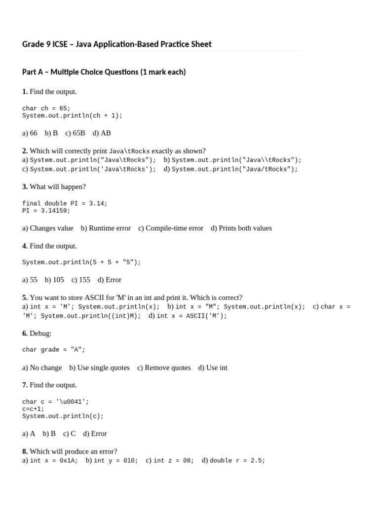 Java Practice Sheet for Grade 9 ICSE | PDF | Integer (Computer Science ...