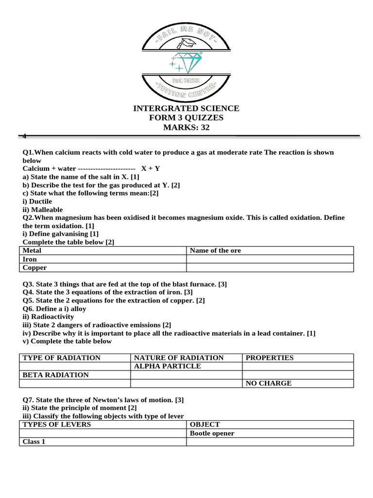 Form 3 Integrated Science Quizzes | PDF