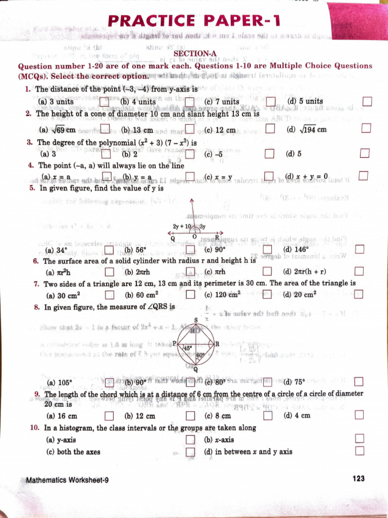 Practice Paper Math Class9 | PDF | Circle | Area
