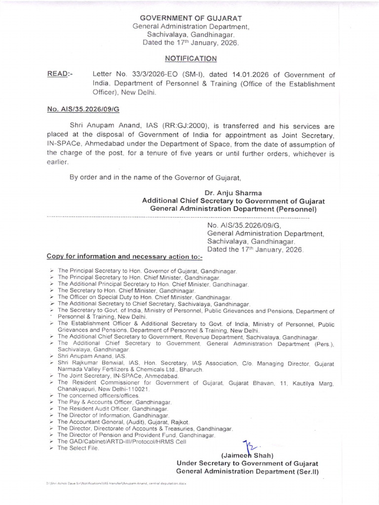 Anupam Anand IAS Transfer Notification | PDF | Gujarat | Public ...