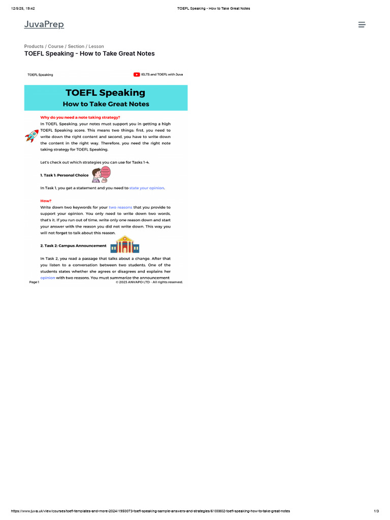 TOEFL Speaking - How To Take Great Notes | PDF