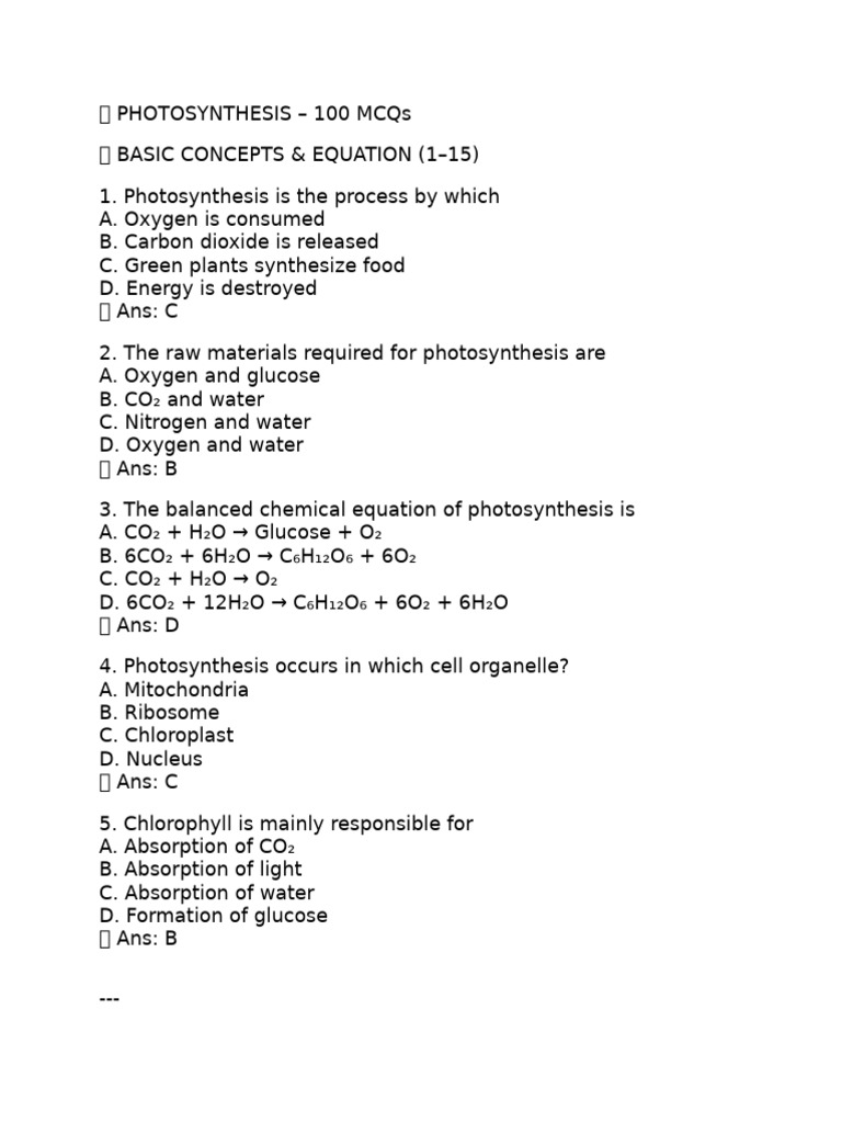 ? Photosynthesis - 100 Mcqs | PDF | Photosynthesis | Chloroplast