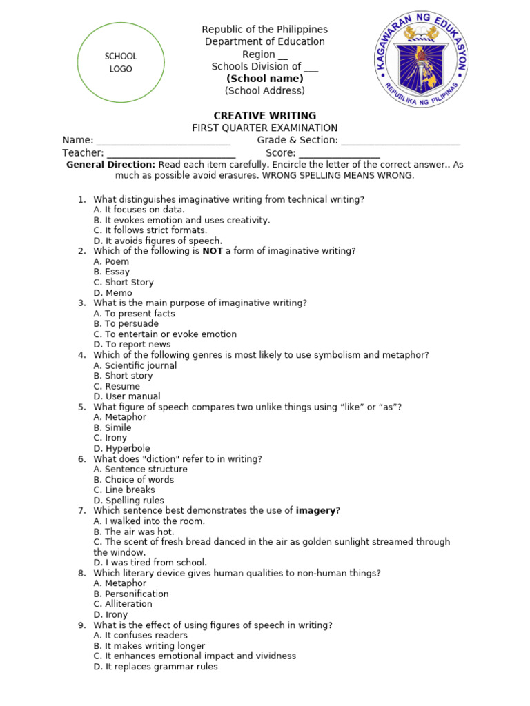 1st Quarter Exam Creative Writing | PDF | Poetry | Literary Theory