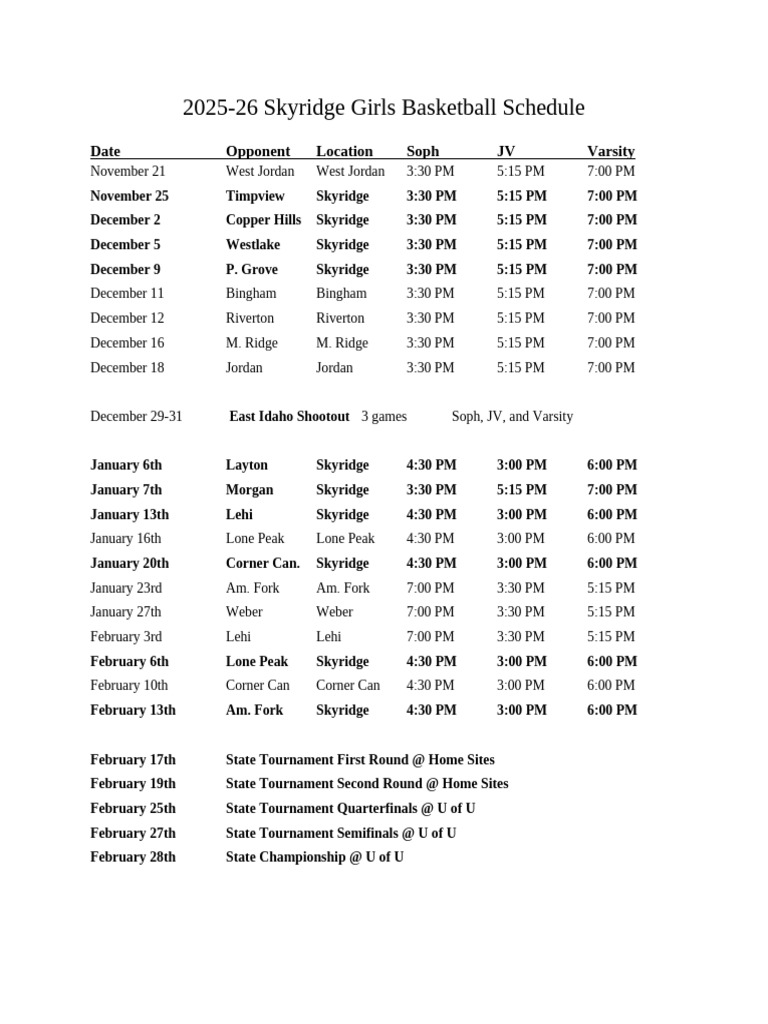 2025-2026 Skyridge Basketbball Schedule | PDF