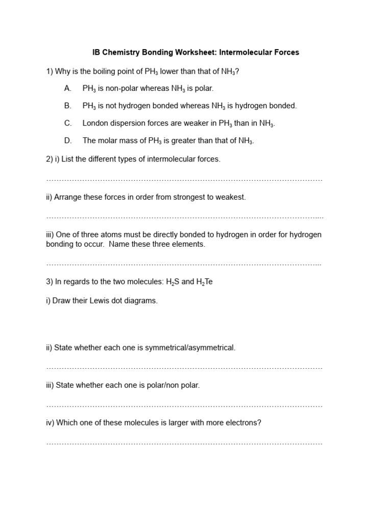 IB Chemistry Intermolecular Forces Worksheet | PDF | Chemical Polarity ...