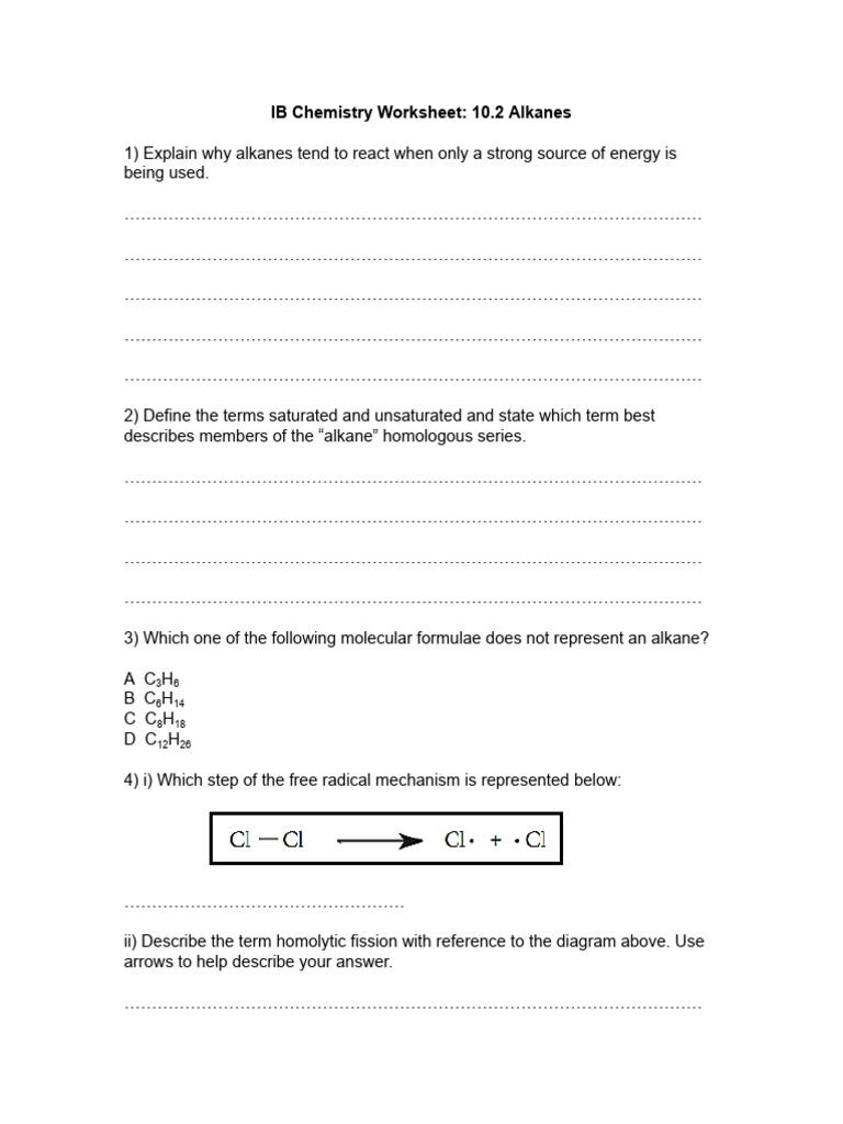 IB Chemistry: Alkanes Worksheet Guide | PDF | Alkane | Chemical Reactions