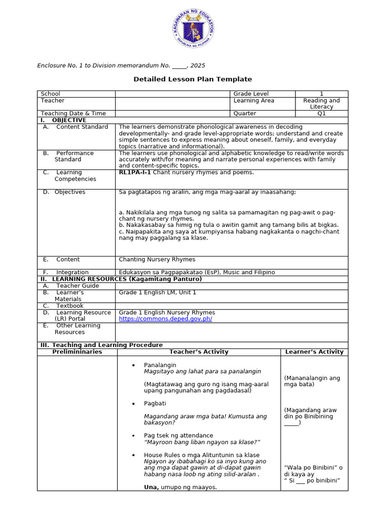 Matatag DLP Grade 1 Reading and Literacy Day 1 | PDF | Applied Linguistics | Human Communication
