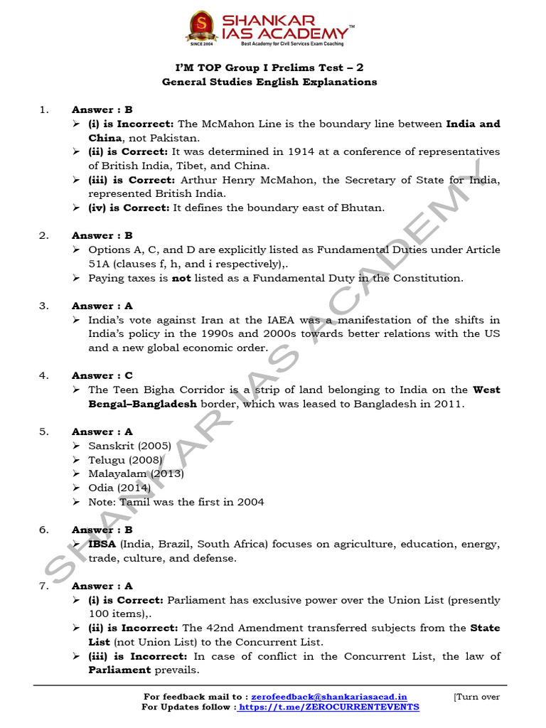 Gr I (Pre) - Test - 2 GS English Explanations | PDF | Politics Of India ...