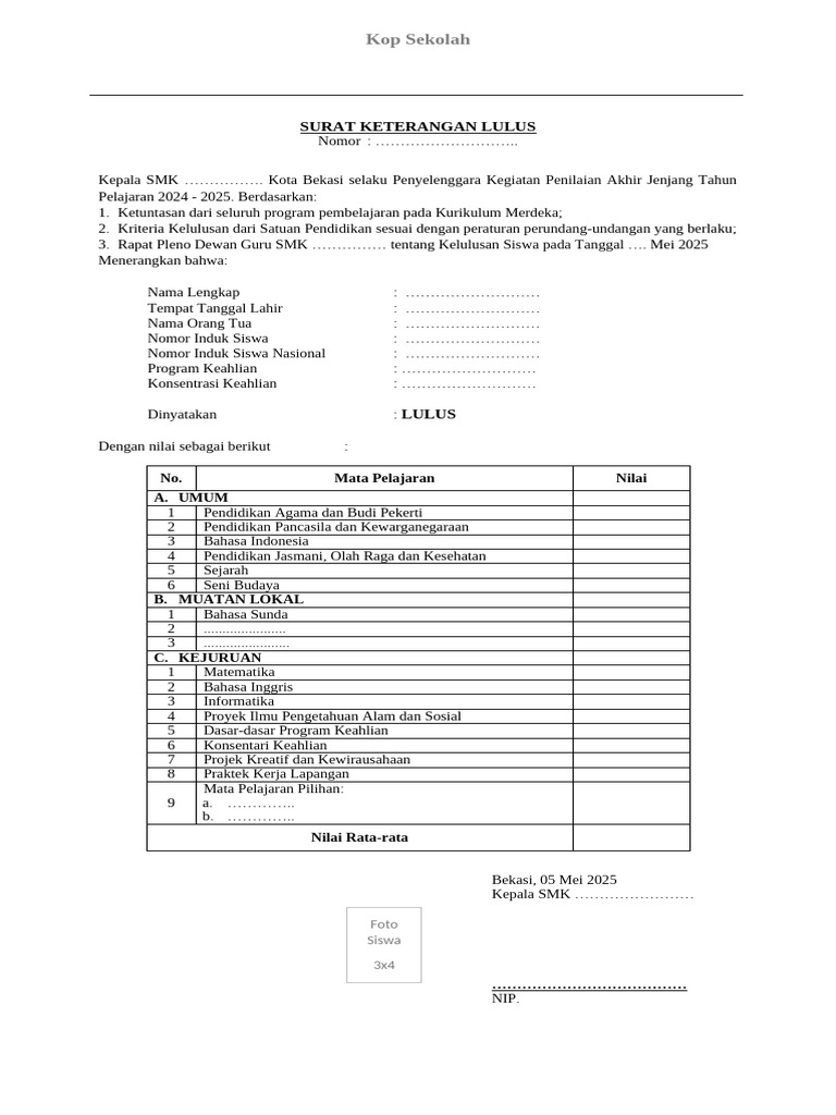 Surat Keterangan Lulus SMK 2025 | PDF