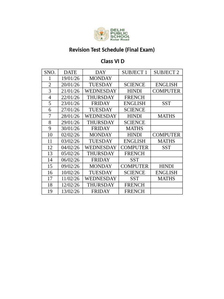 Final Exam Revision Test Schedule VI D | PDF