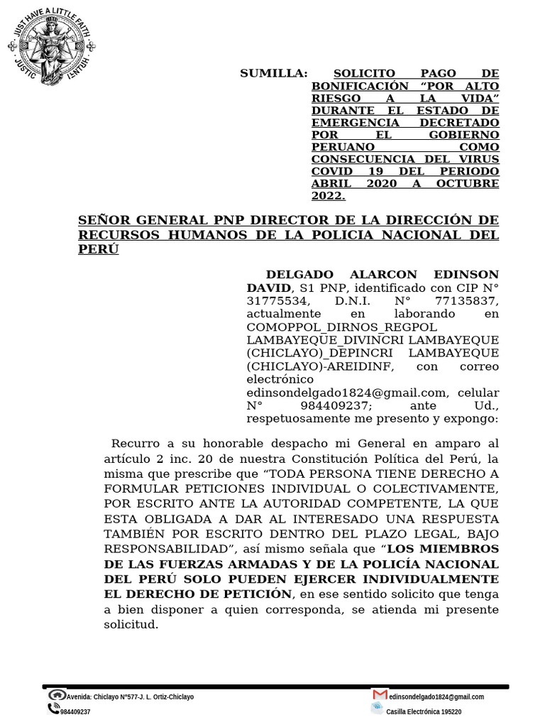 ESCRITO covid pnp | PDF | Policía | Perú