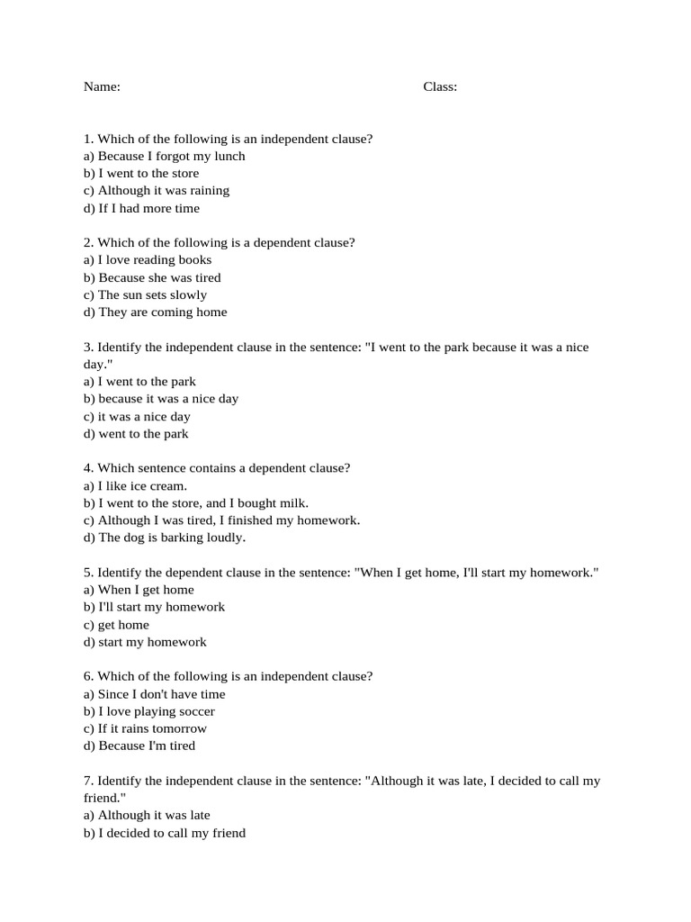 Independent and Dependent Clauses Quiz | PDF | Syntax