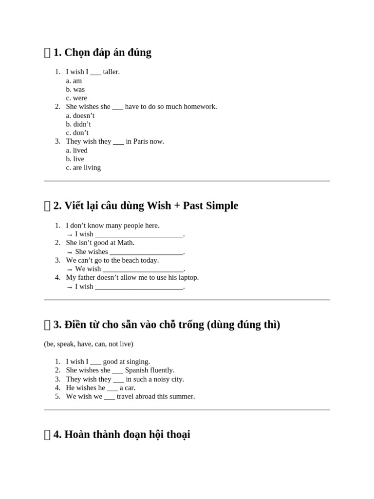 Bài Tập Wish+Past Simple | PDF