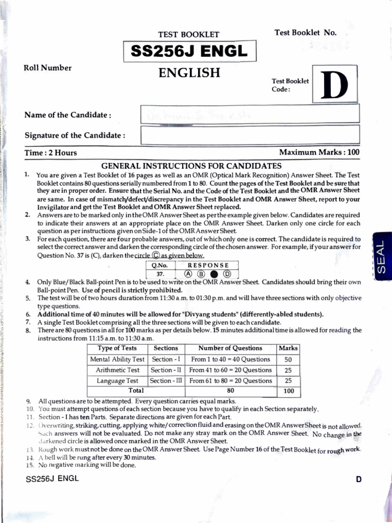 English Test Booklet Instructions | PDF