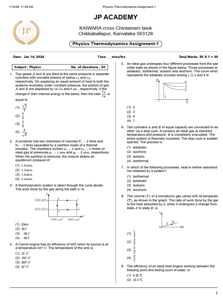 Physics Thermodynamics Assignment-1 | PDF | Gases | Heat