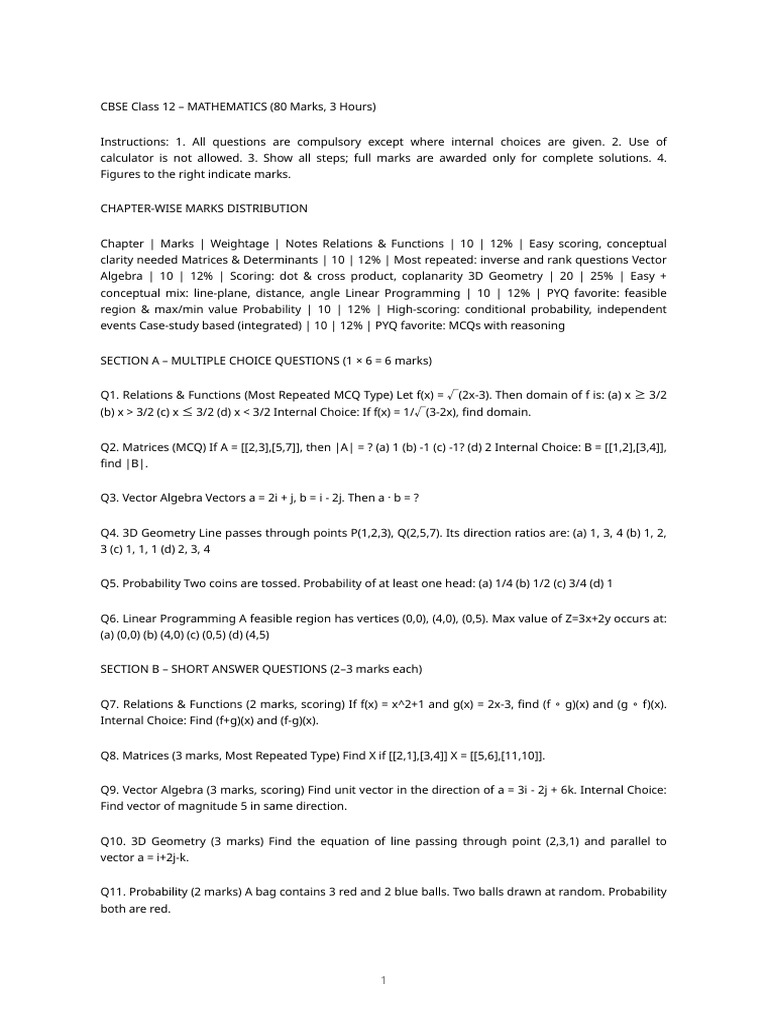 CBSE Class 12 Mathematics Exam Guide | PDF | Functions And Mappings ...