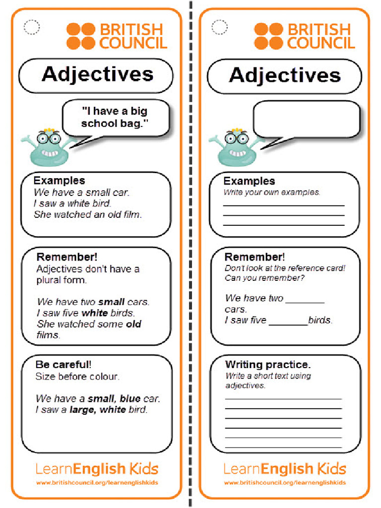 Grammar Practice Reference Card Adjectives | PDF