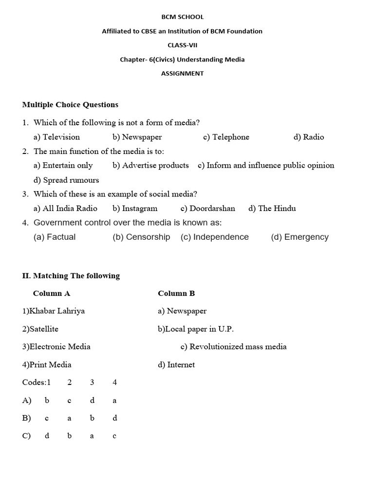 Class VII Civics: Understanding Media Assignment | PDF | News | Human ...
