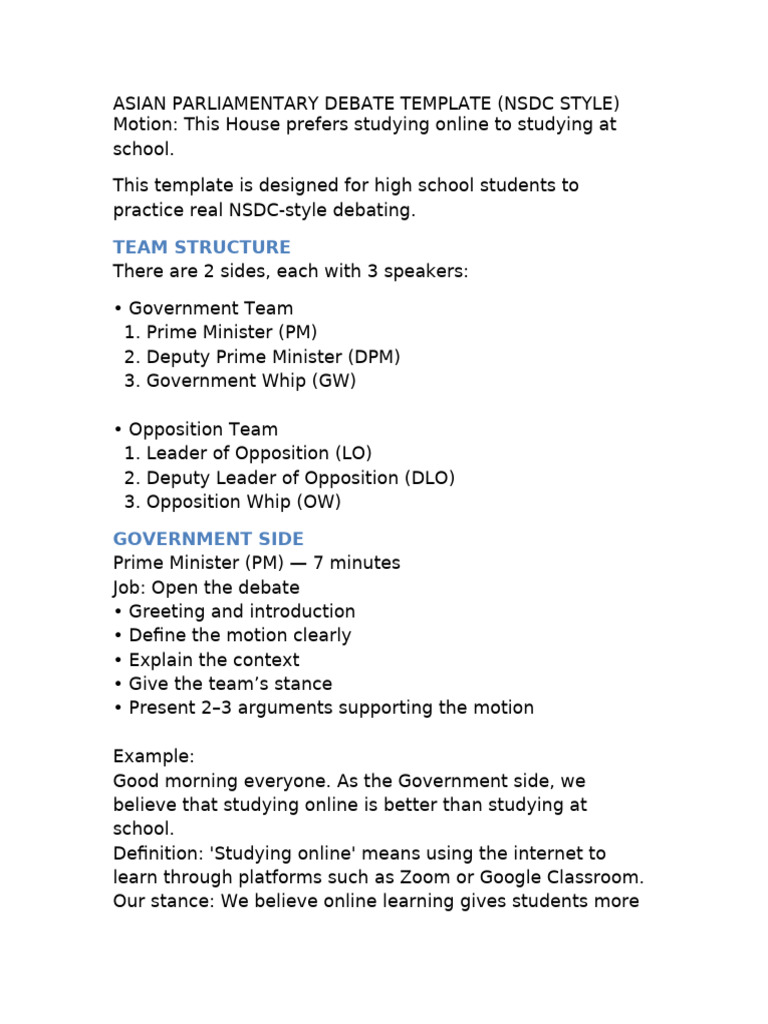 NSDC Debate Template: Online vs. School Learning | PDF | Educational ...