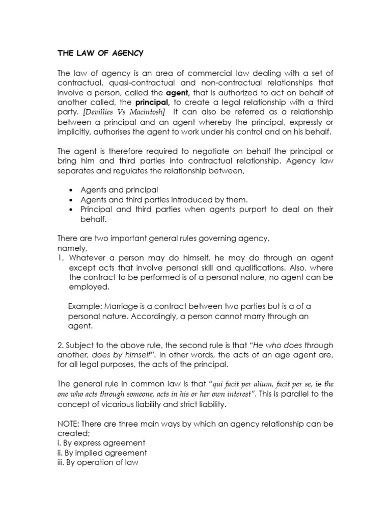THE LAW OF AGENCY | PDF | Law Of Agency | Legal Liability