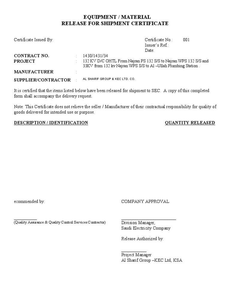 Shipment Release Cetificate | PDF
