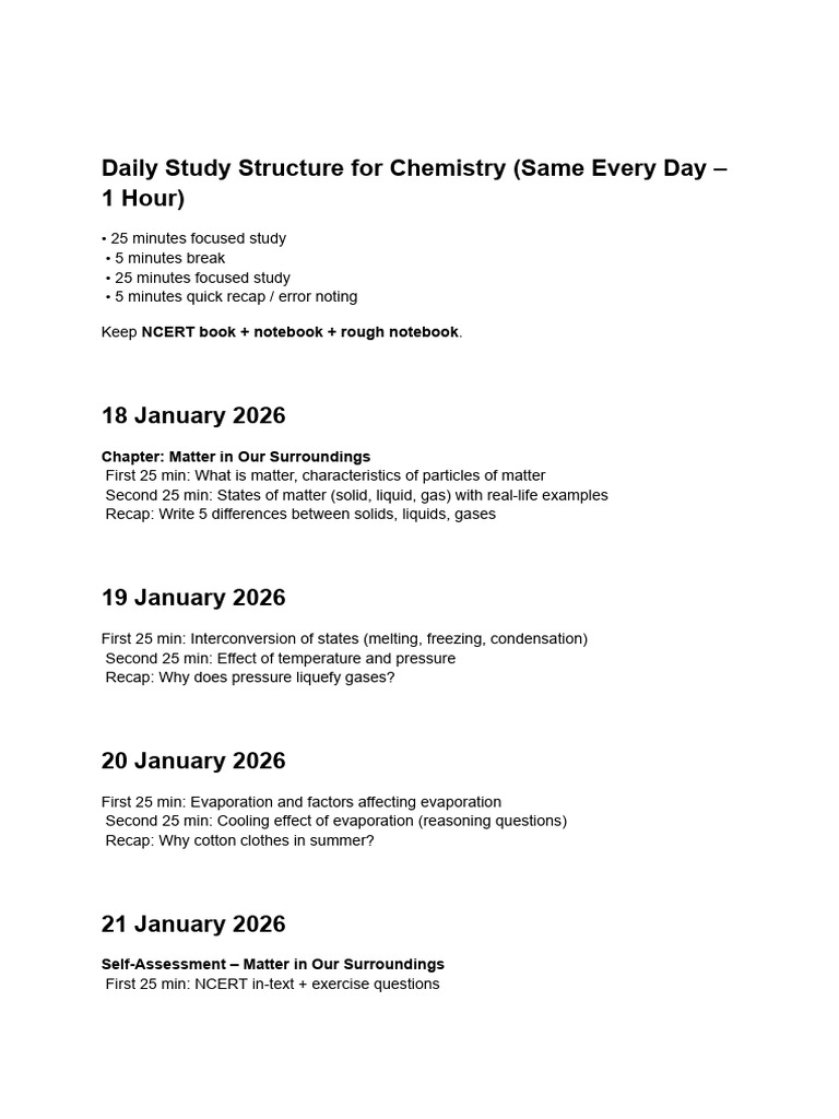 Daily Chemistry Study Plan: 1 Hour | PDF | Mixture | Phases Of Matter