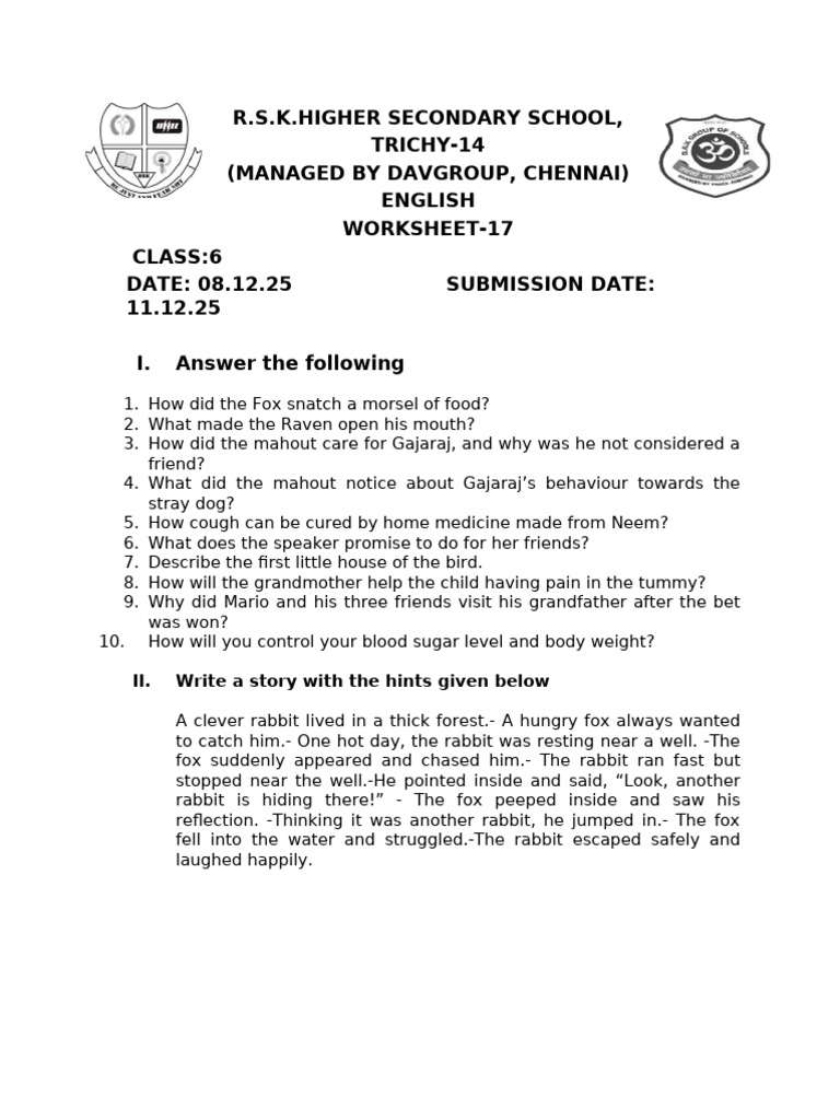Class 6 English Worksheet 17 | PDF