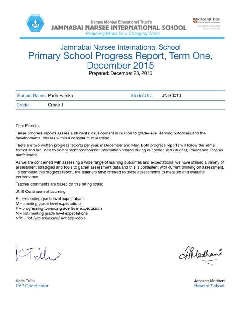 Grade 1 Progress Report: Parth Parekh | PDF | Learning | Imagination