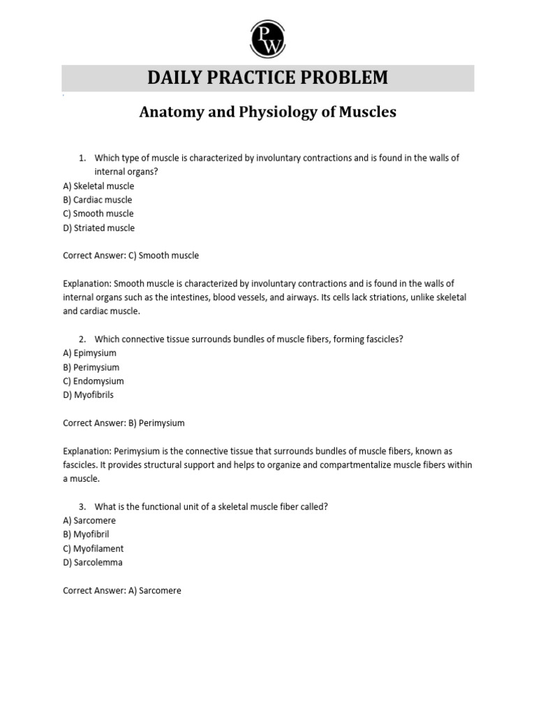 Muscle Anatomy and Physiology Quiz | PDF | Muscle Contraction ...