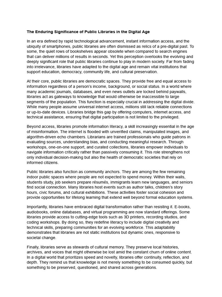 The Vital Role of Libraries Today | PDF | Libraries | Public Library