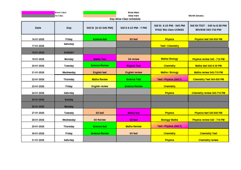 January 2026 Class Test Schedule | PDF