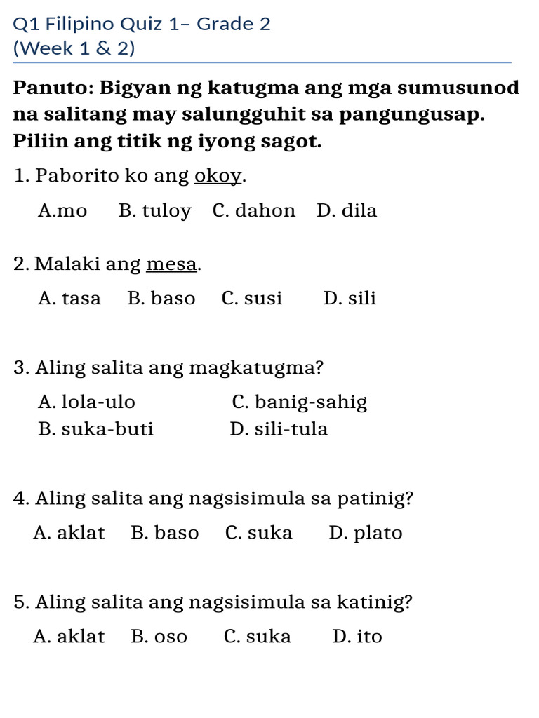 Filipino Quiz Grade2 W1 W2 | PDF