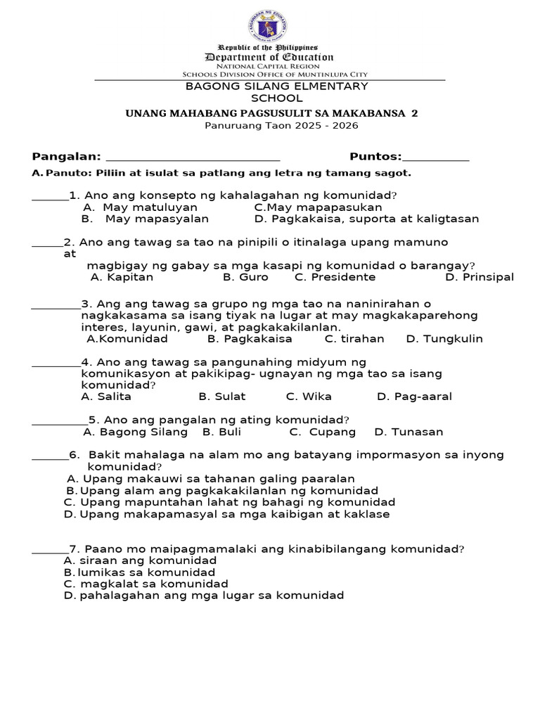 MAKABANSA 1ST LONG TEST | PDF