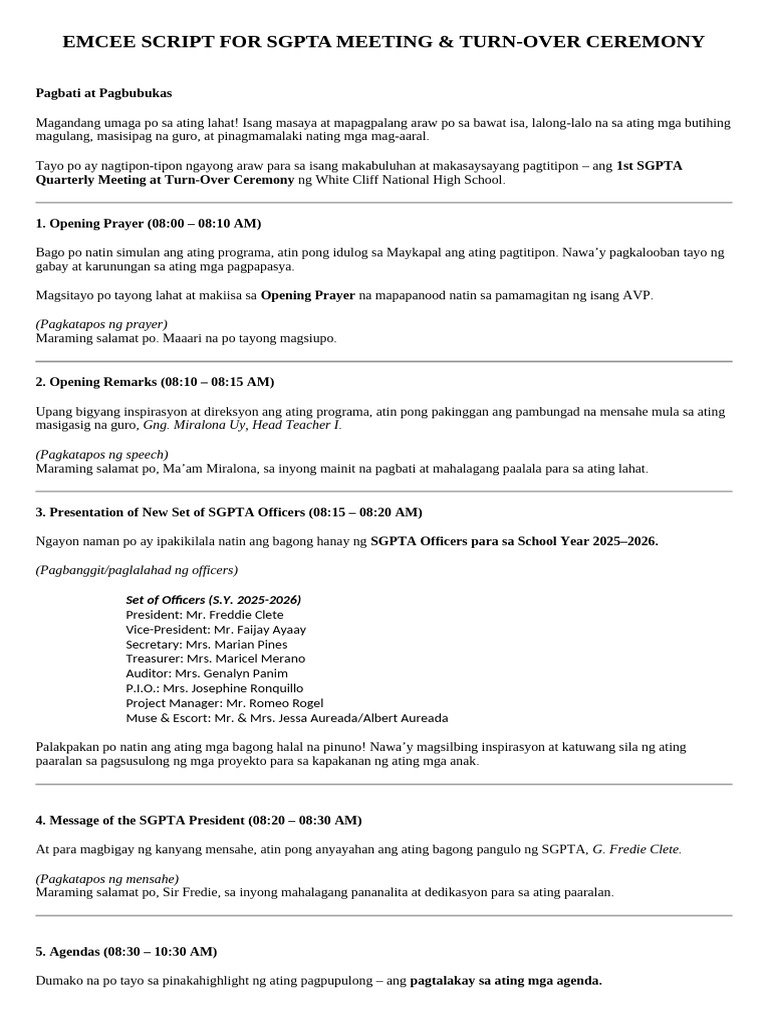 EMCEE SCRIPT FOR SGPTA MEETING | PDF