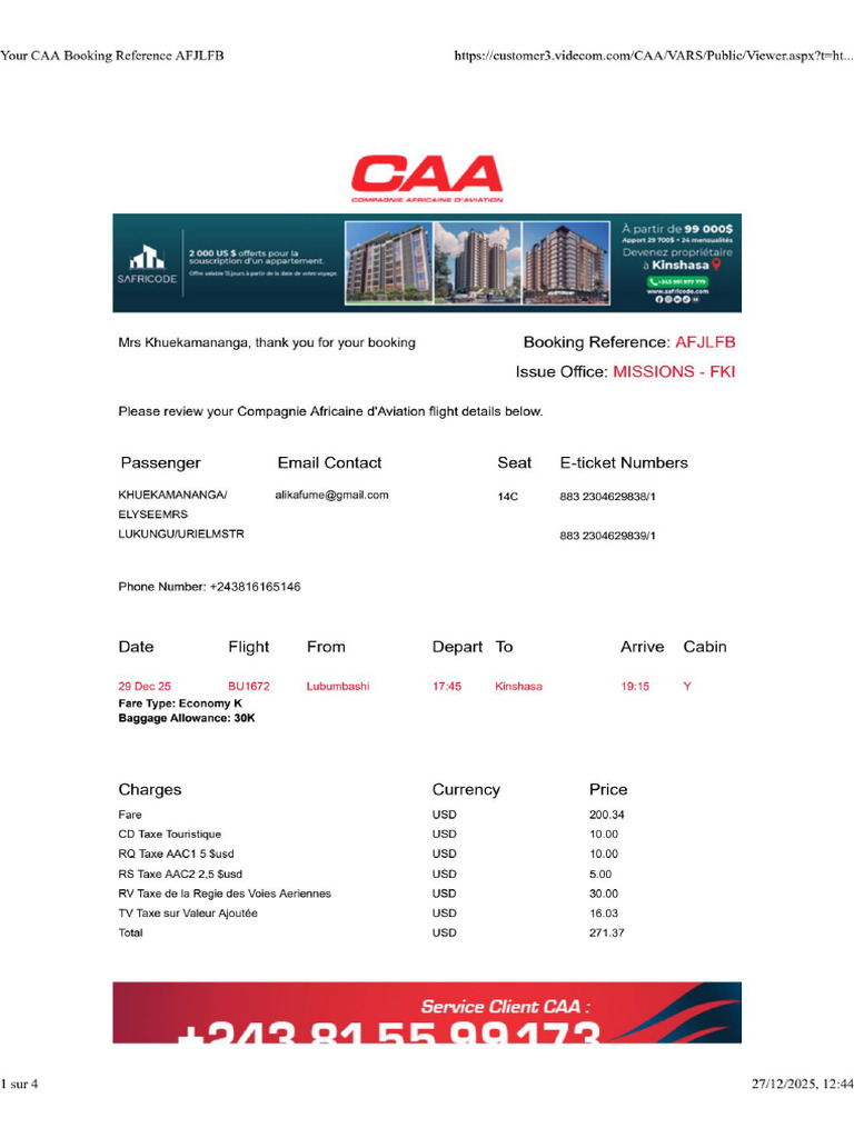 Your CAA Booking Reference AFJLFB | PDF