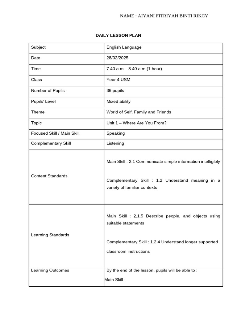 4 USM 28 February Minggu 2 | PDF | Skill | Lesson Plan